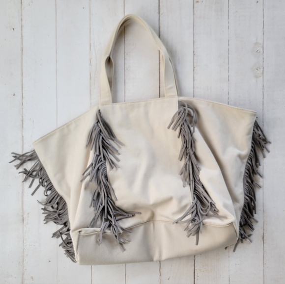 MILA | Bags | Mila Luxury Canvas Leather Fringe Bag Light Grey Large ...